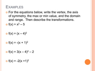 Alg II Unit 4-1 Quadratic Functions and Transformations | PPTX