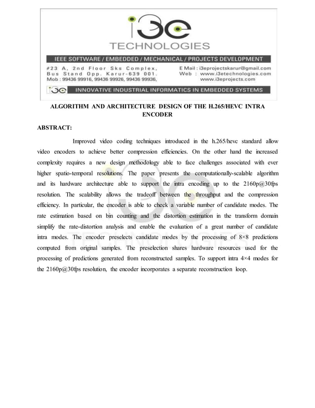 Algorithm And Architecture Design Of The H265 Hevc Intra Encoder Pdf