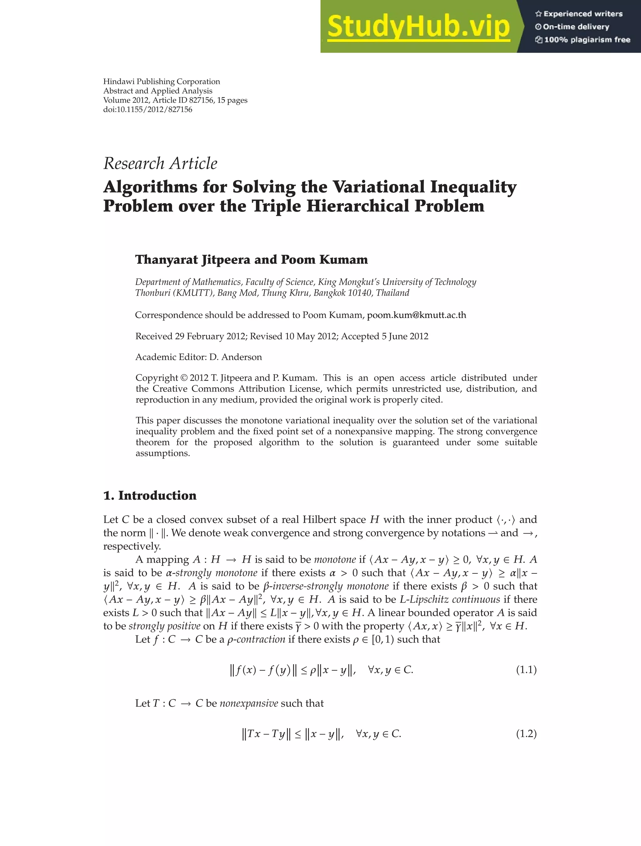 Algorithms For Solving The Variational Inequality Problem Over The Triple Hierarchical Problem Pdf