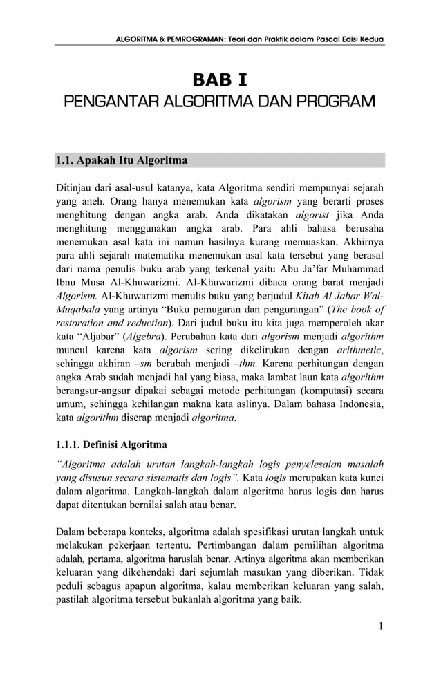 Algoritma dan pemrograman; teori dan praktik dalam pascal edisi kedua normal bab 1 | PDF