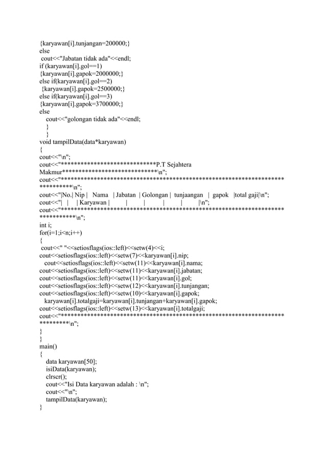 Algoritma pemrograman 2 - Contoh program"Struct Data Karyawan" | DOCX