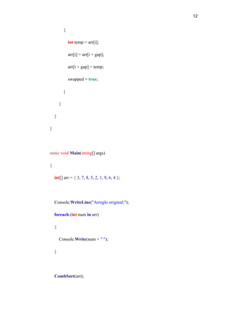 Metodo de ordenamiento Comb Sort (explicacion sencilla en C#) | PDF
