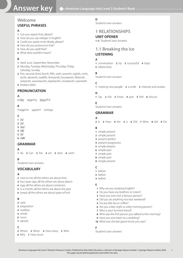 AMERICAN LANGUAGE HUB_Level2_Student'sBook_Answerkey.pdf | Secondary ...