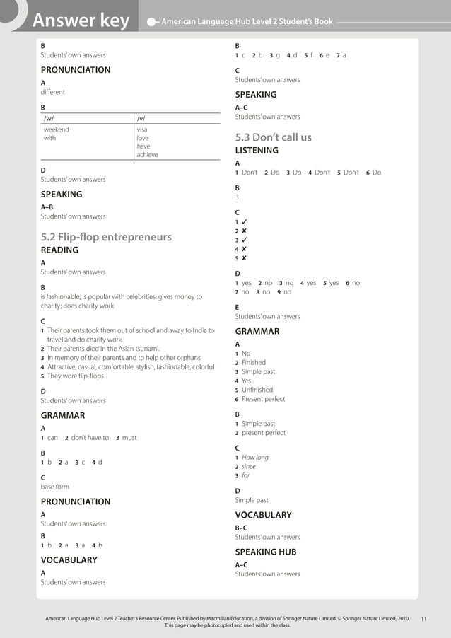 AMERICAN LANGUAGE HUB_Level2_Student'sBook_Answerkey.pdf | Secondary ...