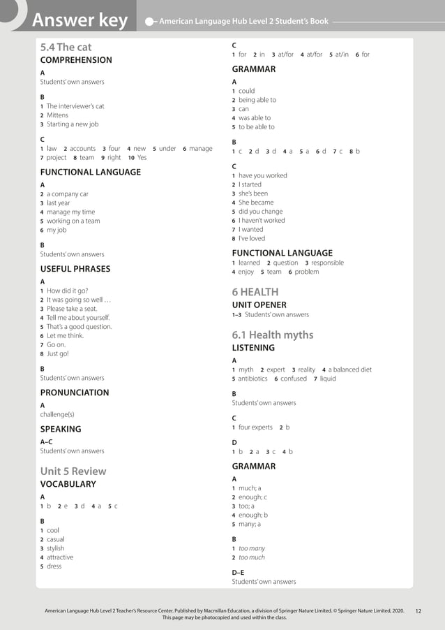 AMERICAN LANGUAGE HUB_Level2_Student'sBook_Answerkey.pdf | Secondary Education | Education