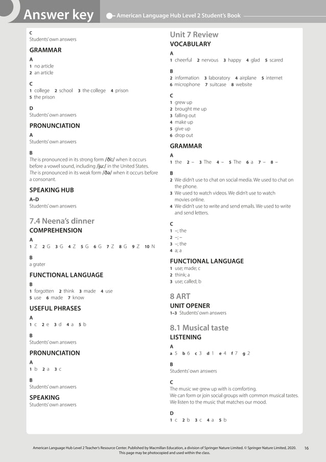 AMERICAN LANGUAGE HUB_Level2_Student'sBook_Answerkey.pdf | Secondary ...