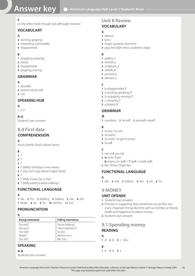 AMERICAN LANGUAGE HUB_Level2_Student'sBook_Answerkey.pdf | Secondary Education | Education