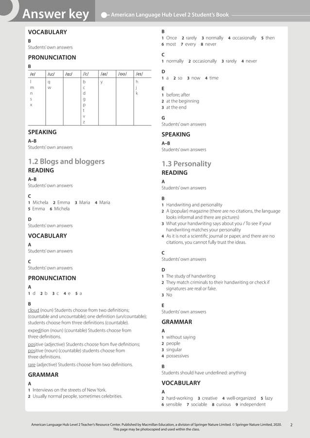 AMERICAN LANGUAGE HUB_Level2_Student'sBook_Answerkey.pdf | Secondary Education | Education