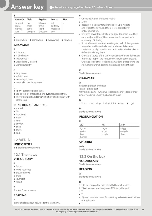 AMERICAN LANGUAGE HUB_Level2_Student'sBook_Answerkey.pdf | Secondary ...