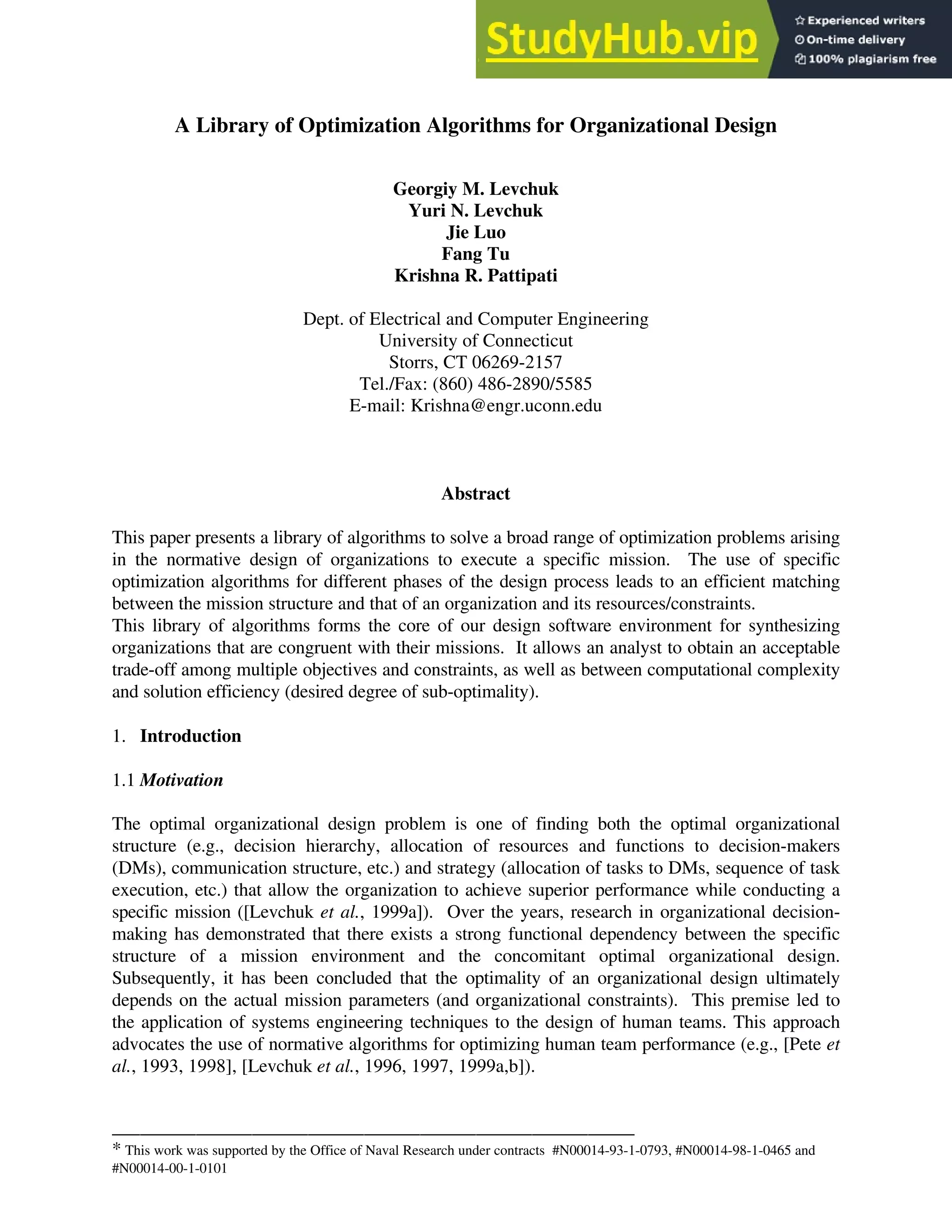 A Library Of Optimization Algorithms For Organizational Design Pdf