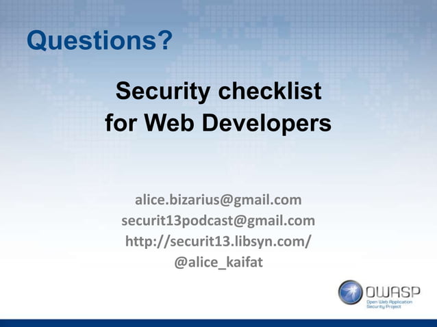 Lidiia 'Alice' Skalytska - Security Checklist for Web Developers | PPT
