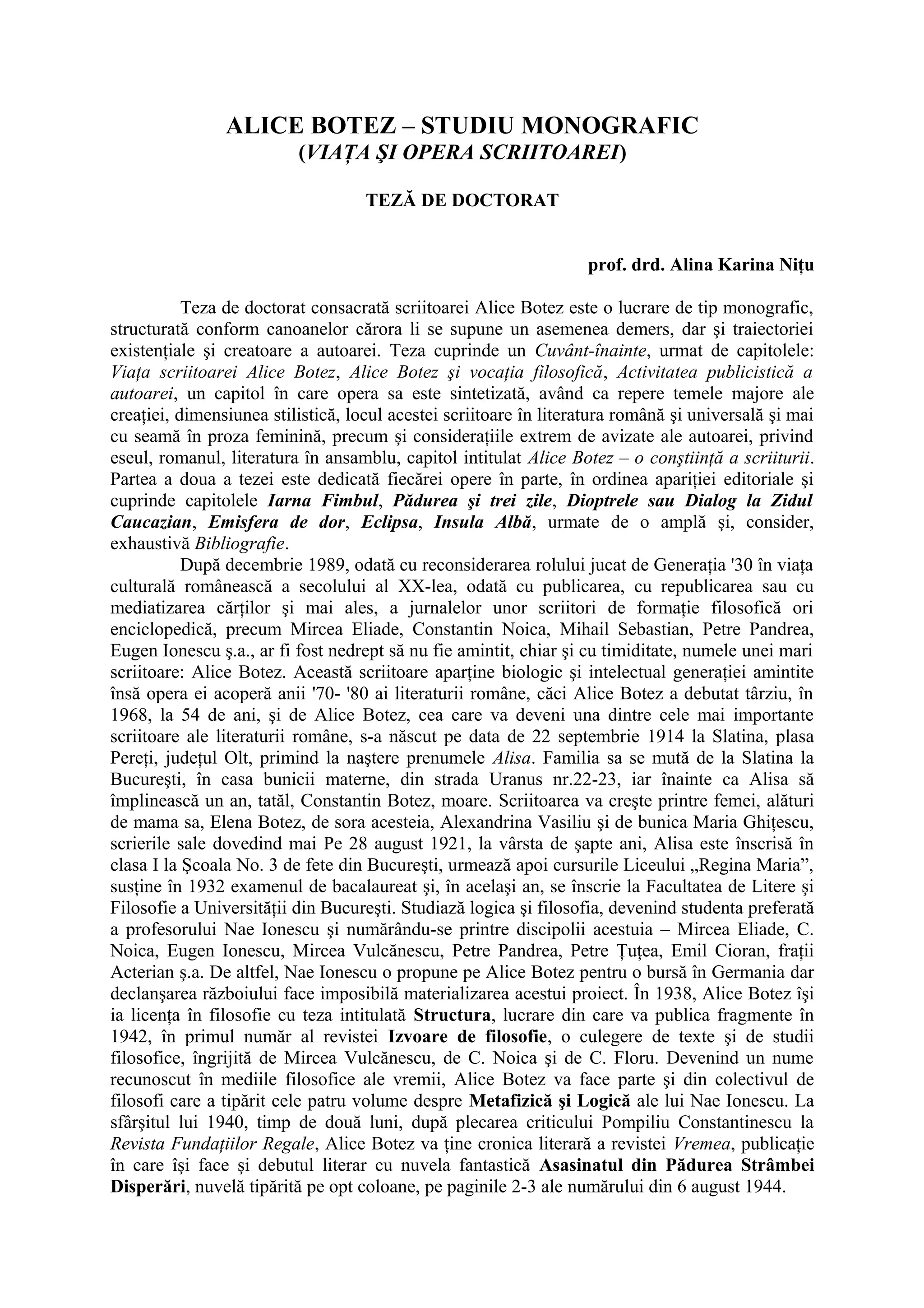 Alice Botez – studiu monografic (viaţa şi opera) | DOC