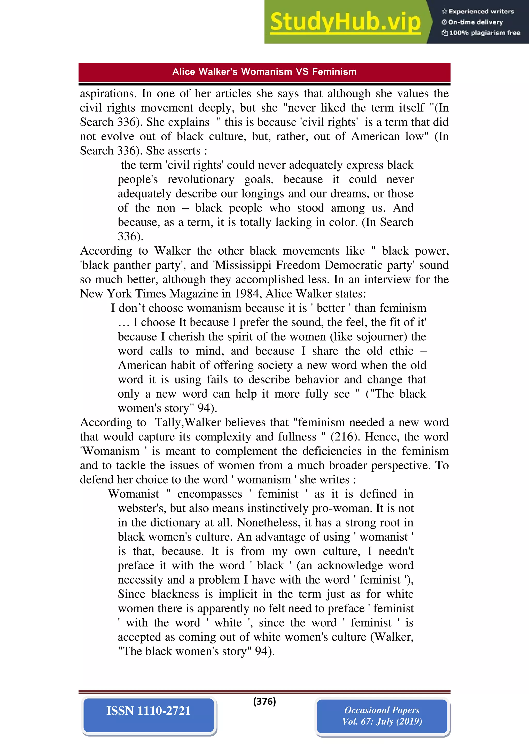 Alice Walker S Womanism VS Feminism | PDF