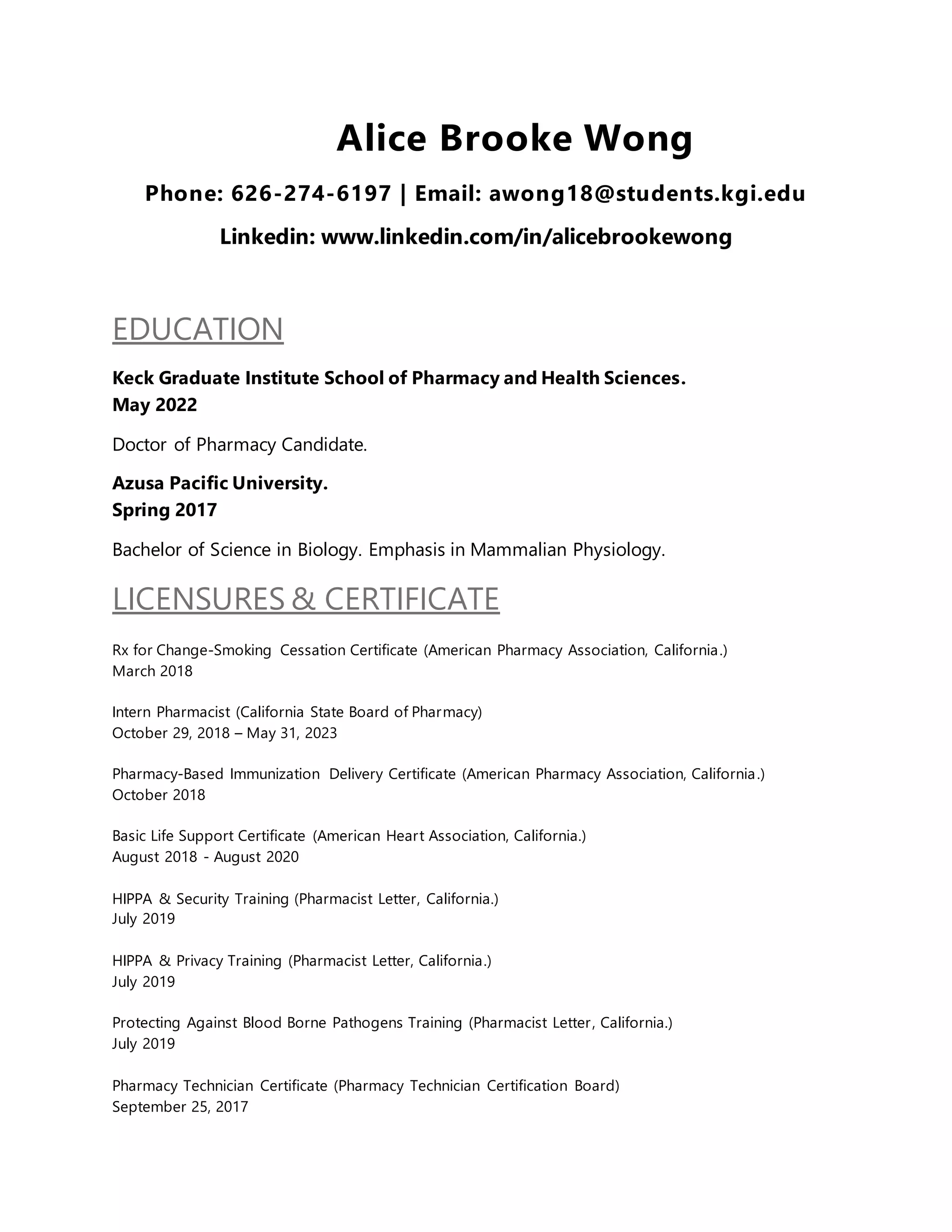 Alice Brooke Curriculum Vitae Summer 2019 | DOCX | Pharmaceutical Industry | Industries