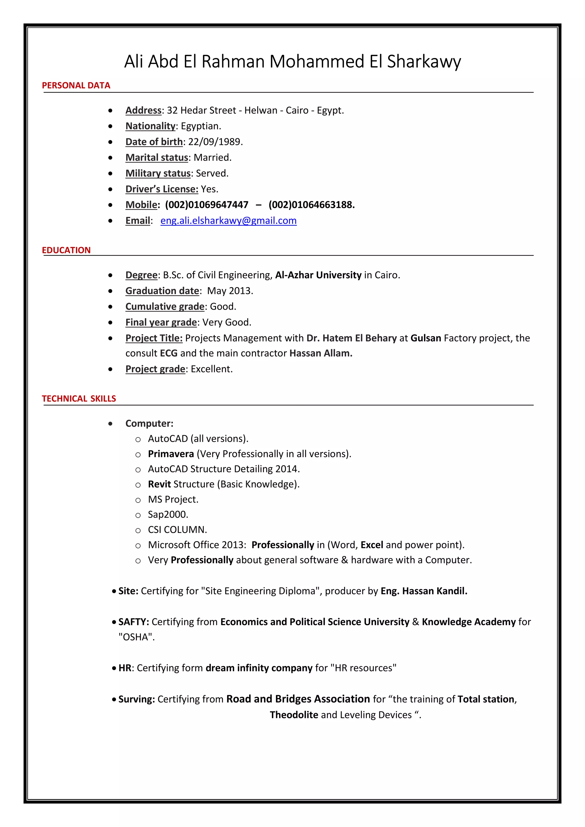 Ali elsharkawy - CV - Cost Control | PDF