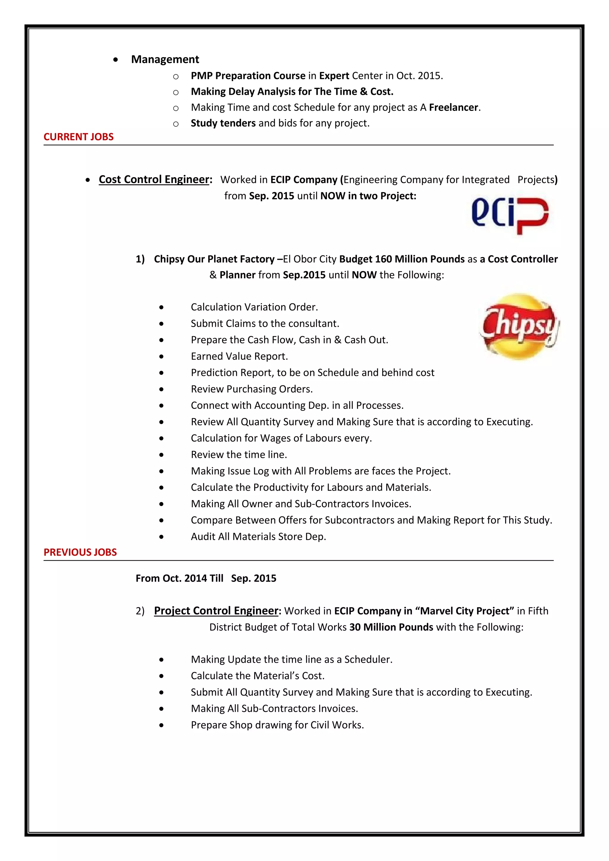 Ali elsharkawy - CV - Cost Control | PDF