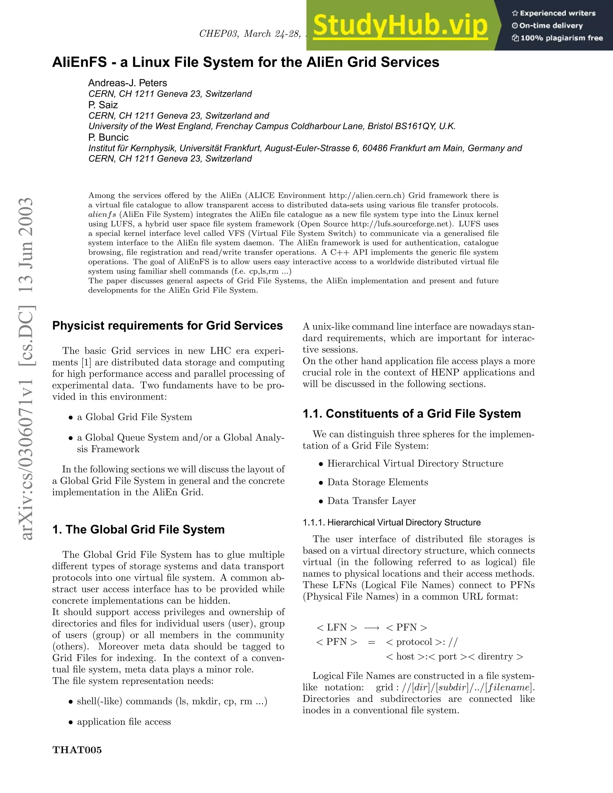AliEnFS - A Linux File System For The AliEn Grid Services | PDF