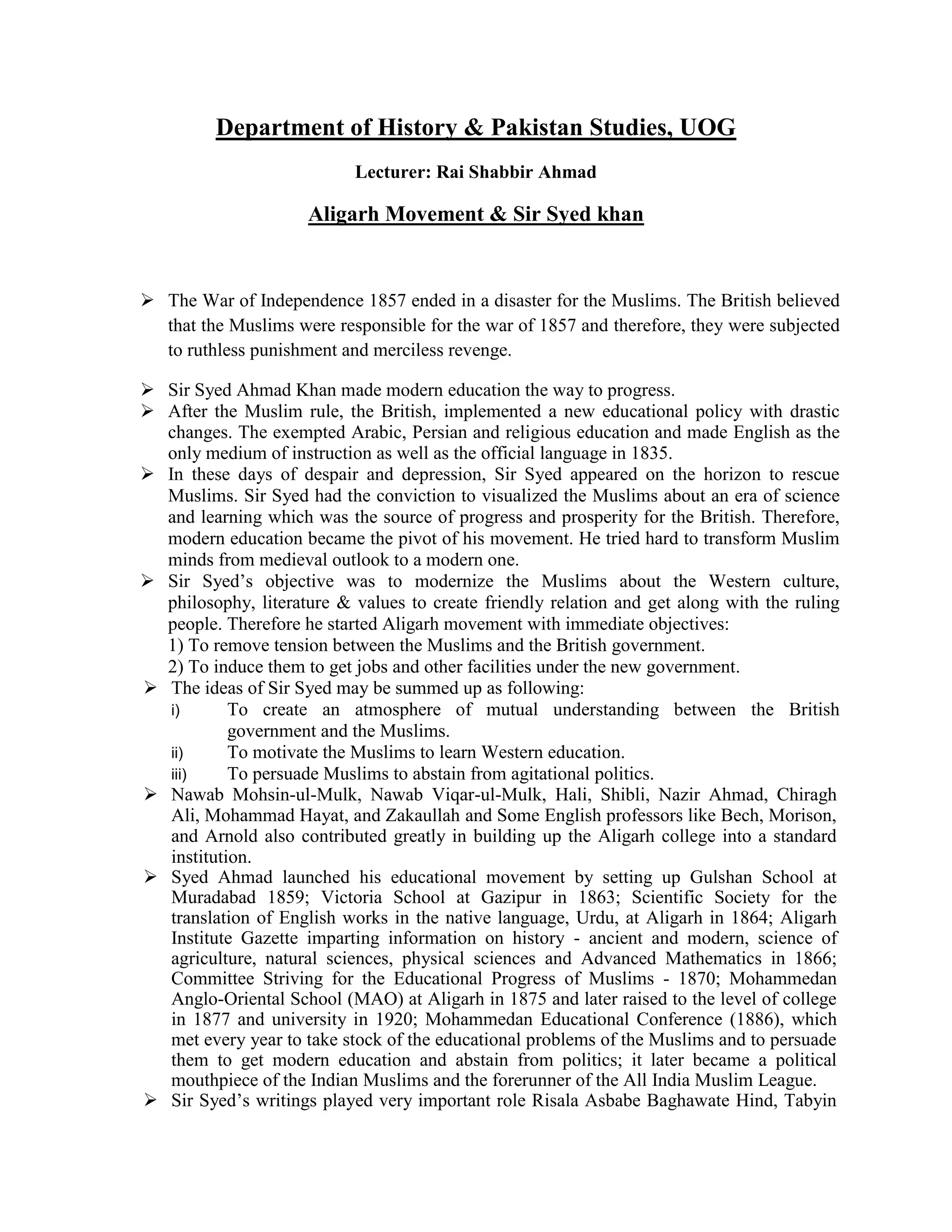 Aligarh movement and sir syed ahmed khan contributions | PDF