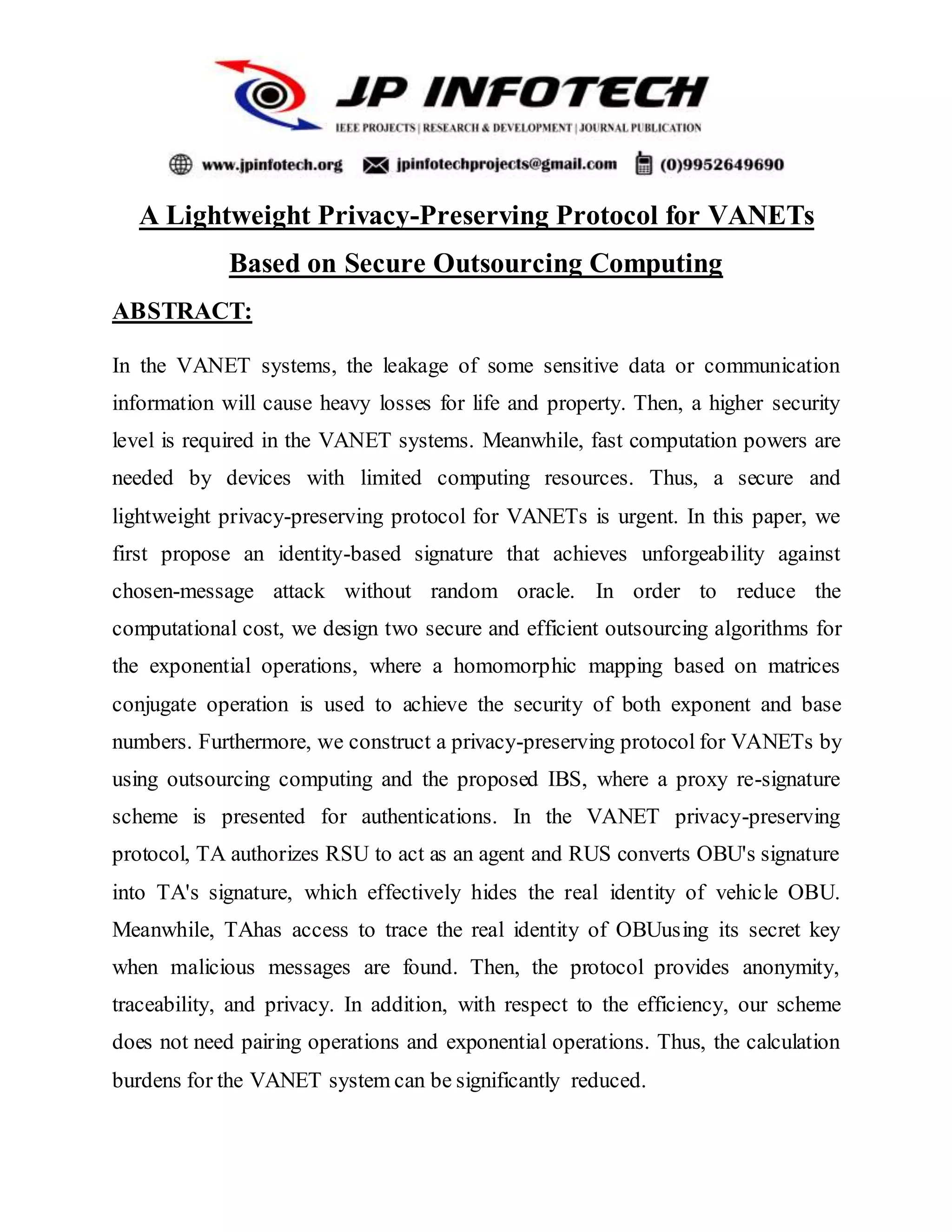 A Lightweight Privacy-Preserving Protocol for VANETs Based on Secure Outsourcing Computing | PDF