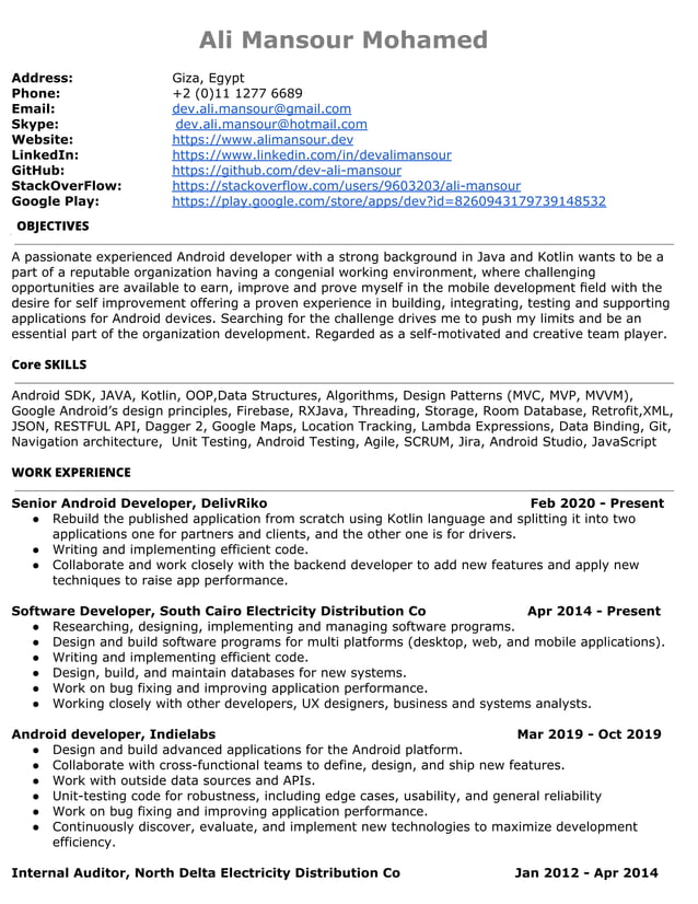 Ali Mansour Senior Android developer resume | PDF