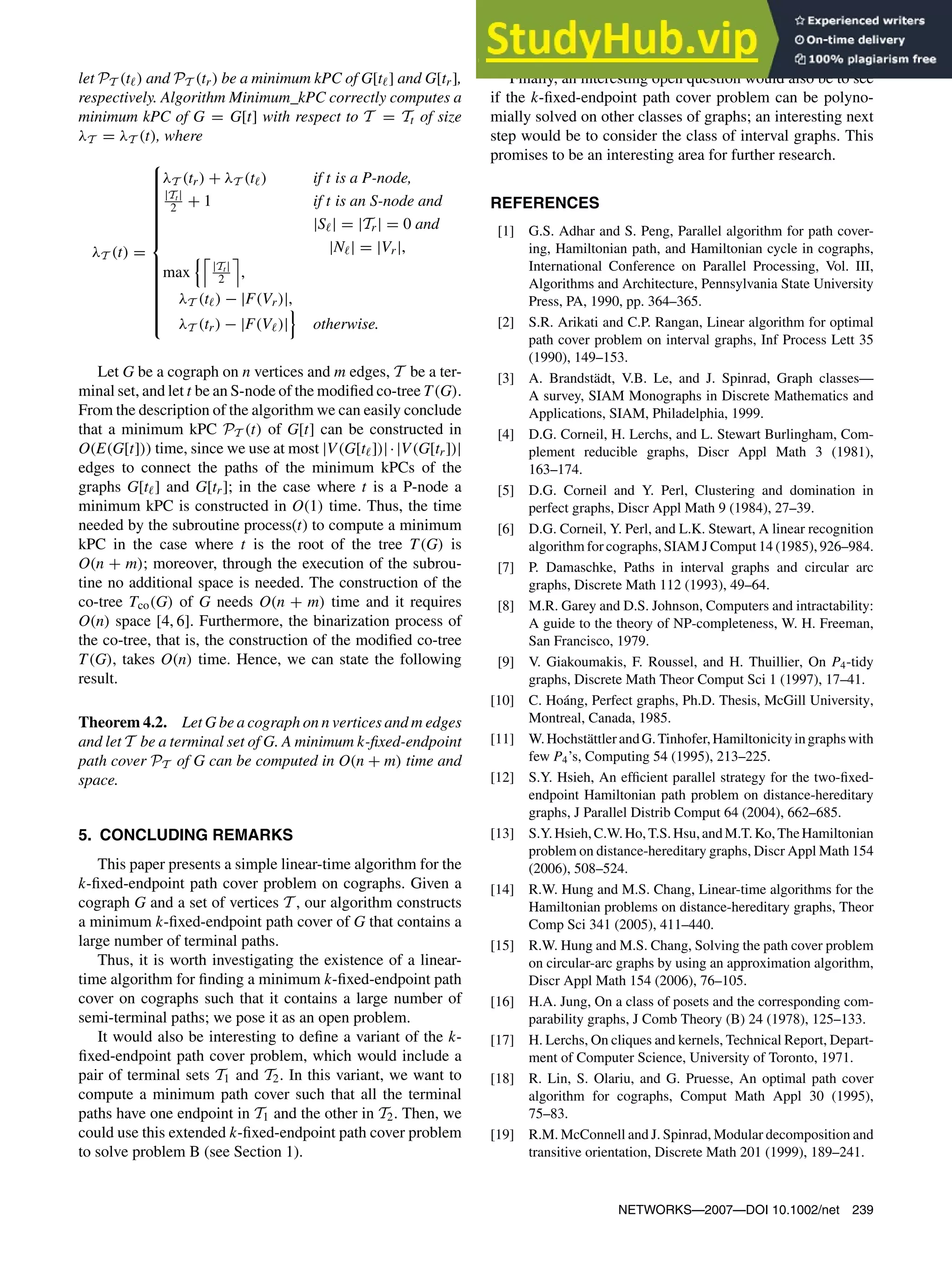 A Linear Time Algorithm For Thek Fixed Endpoint Path Cover Problem On Cographs Pdf