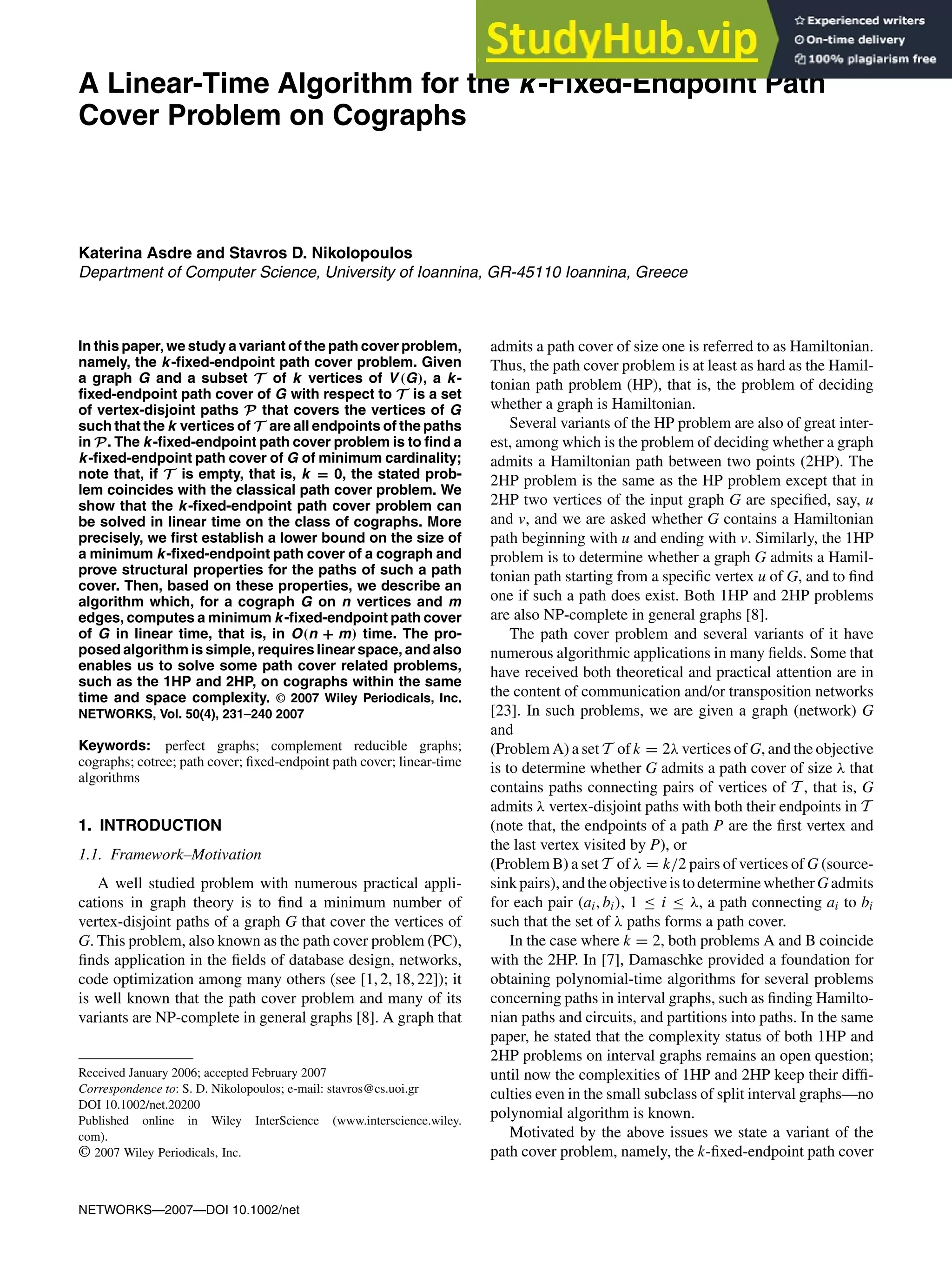 A Linear-Time Algorithm For Thek-Fixed-Endpoint Path Cover Problem On Cographs | PDF