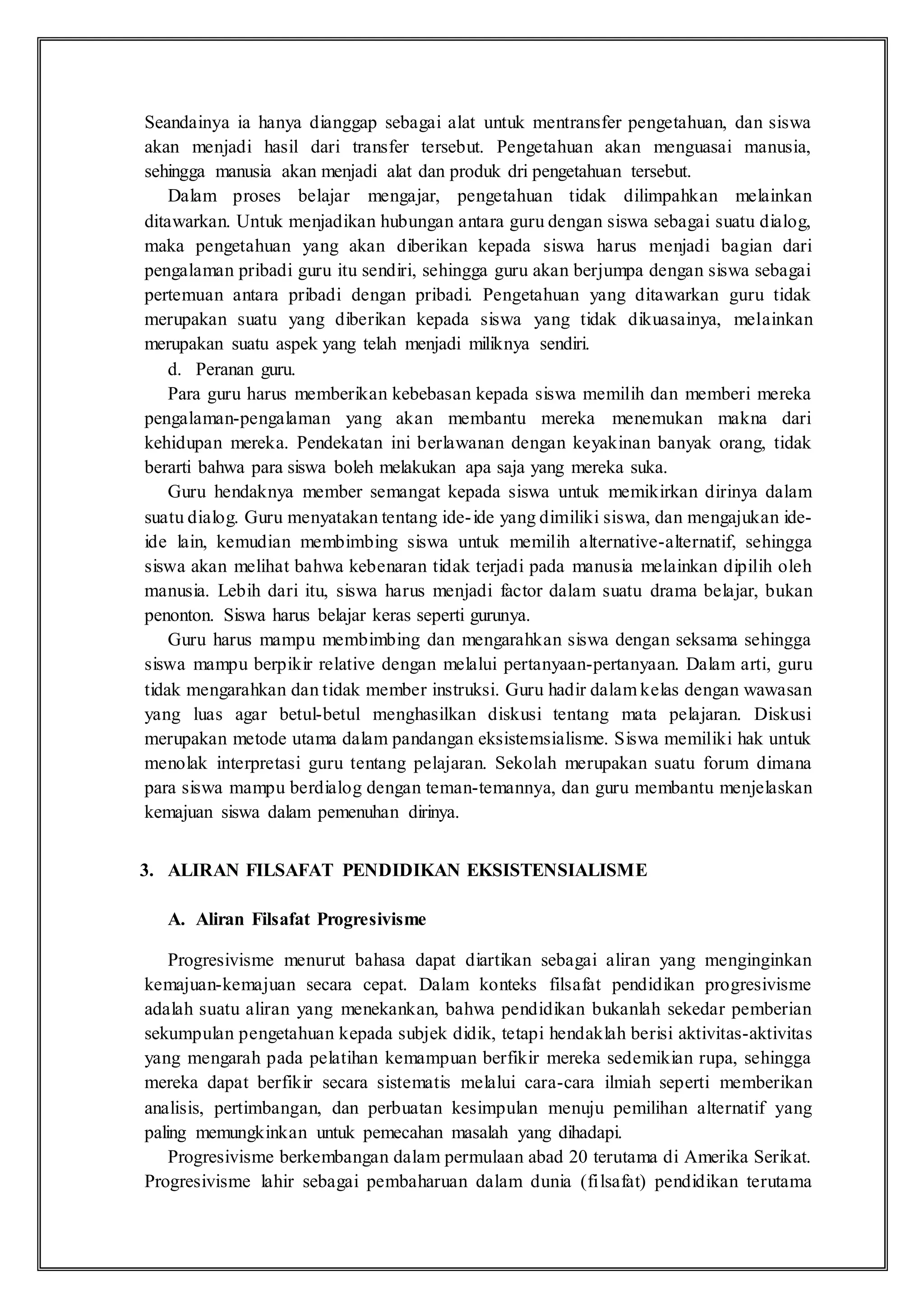 Aliran filsafat pendidikan (pragmatisme, eksistensialisme. progresivisme) | DOCX