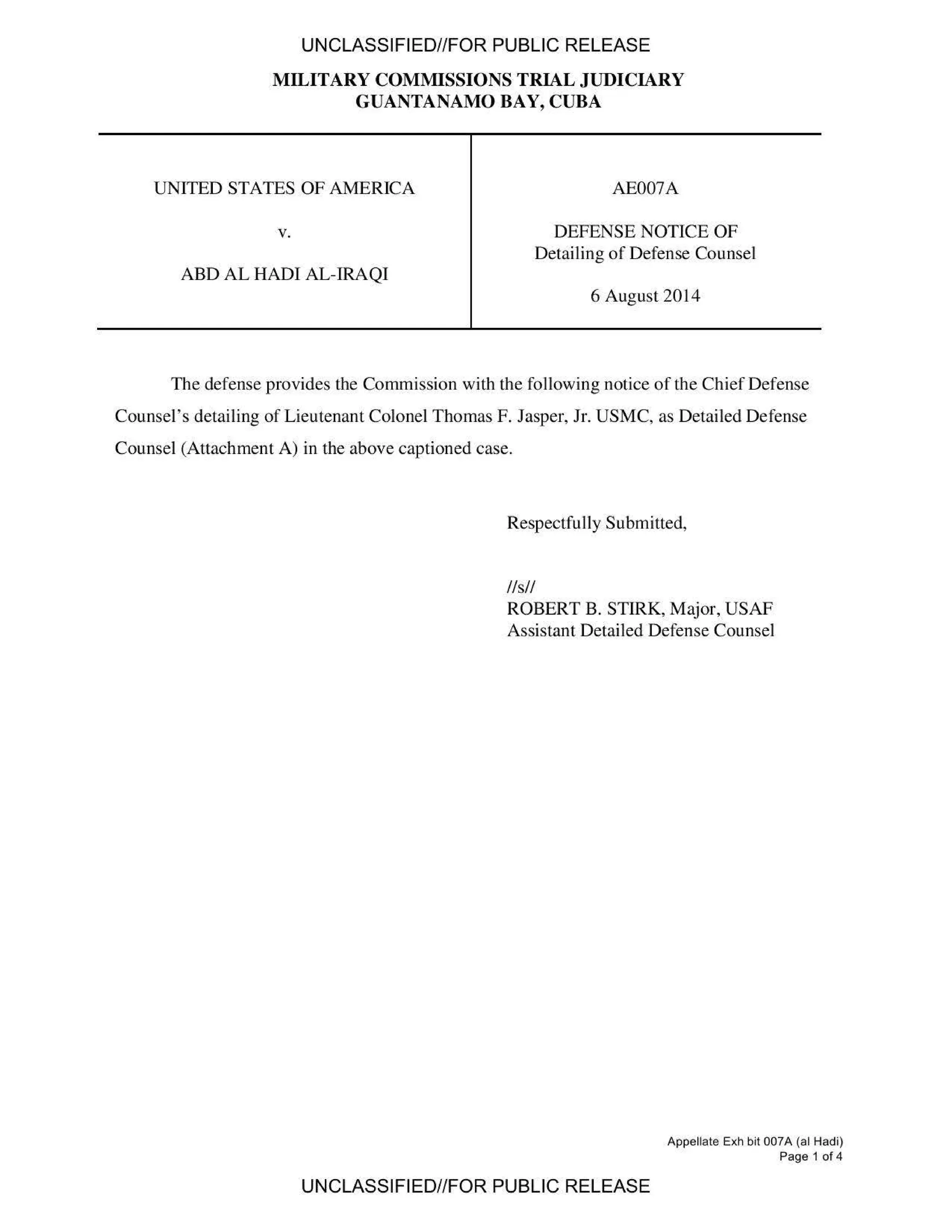 Military Commissions details LtCol Thomas Jasper as Detailed Defense ...