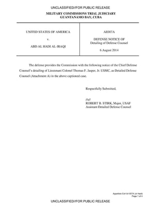 Military Commissions details LtCol Thomas Jasper as Detailed Defense ...