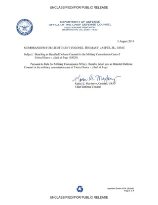 Military Commissions details LtCol Thomas Jasper as Detailed Defense ...