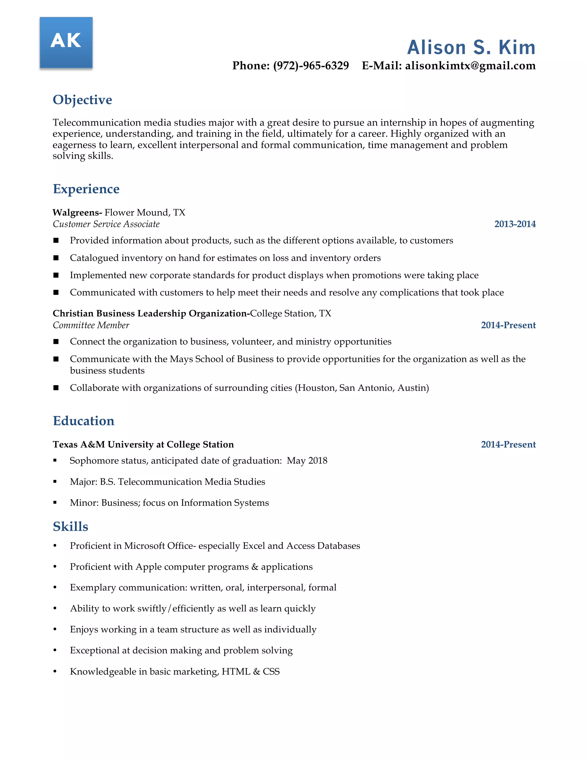 Alison Kim Resume | PDF