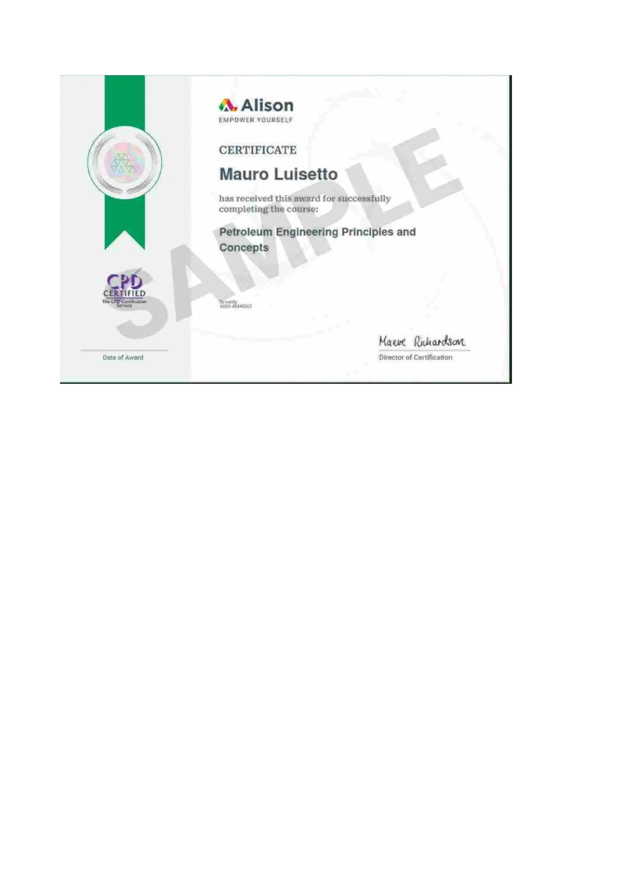 Alison PETROLEUM ENGINEERING -PRINCIPLES AND CONCEPTS certificate 2025 ...