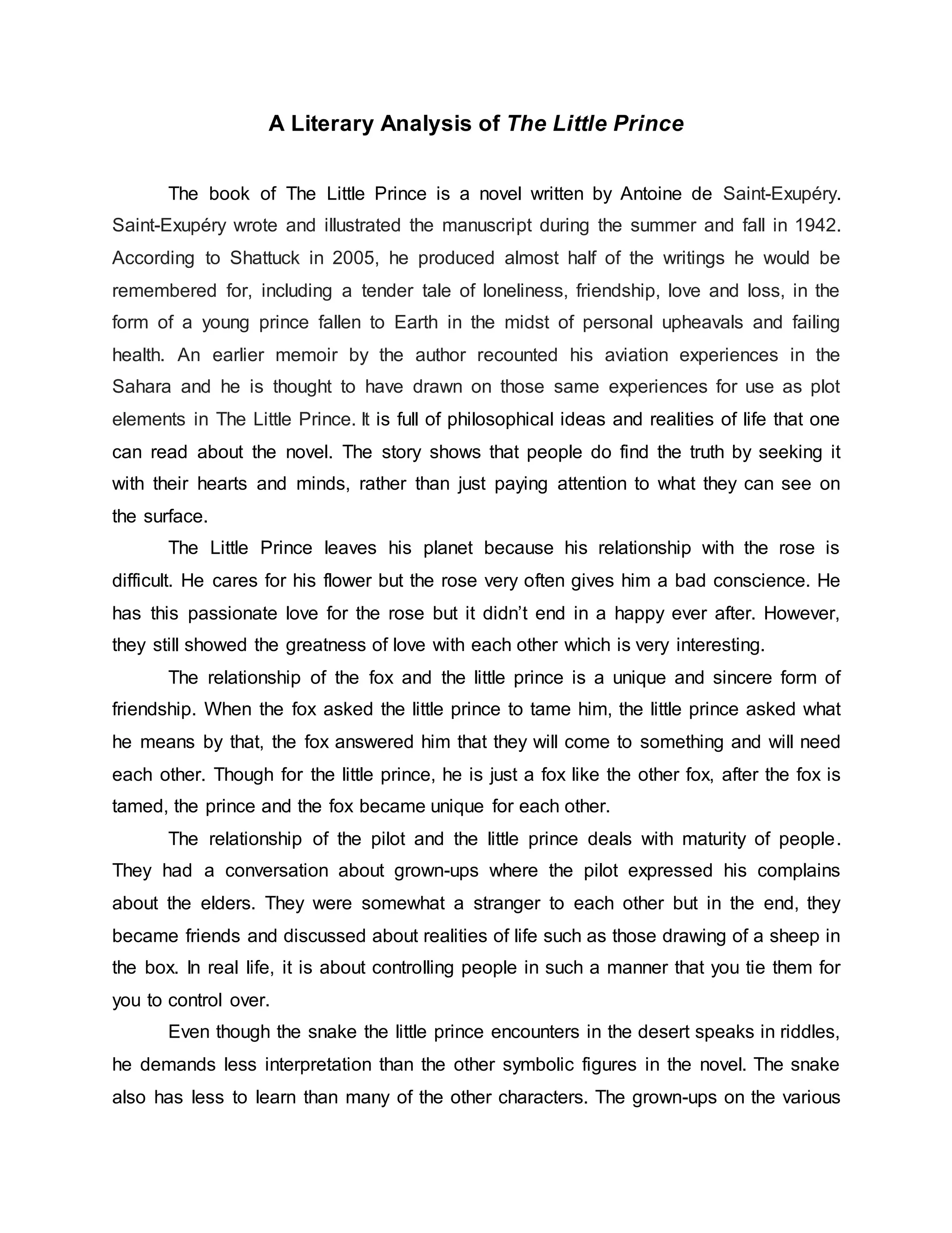 A literary analysis of the little prince | DOCX