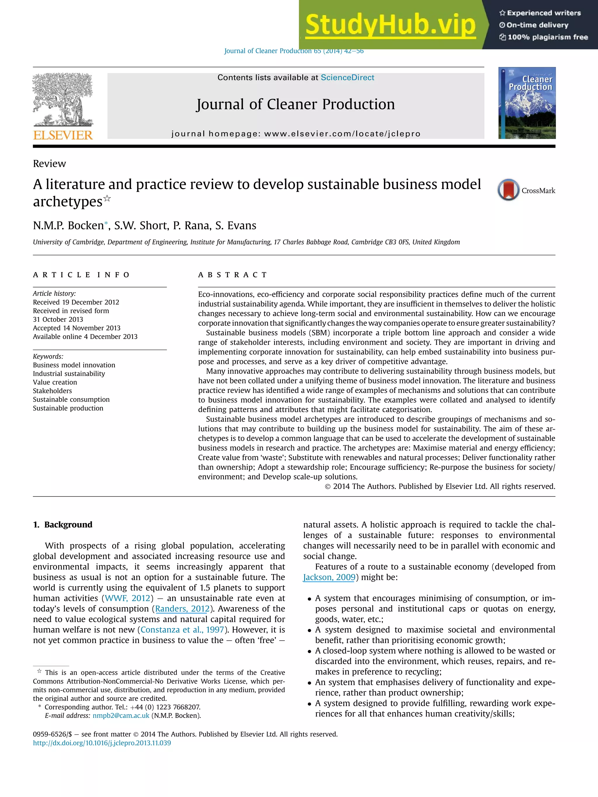 A Literature And Practice Review To Develop Sustainable Business Model ...