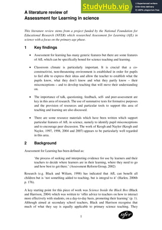 A Literature Review Of Assessment For Learning In Science | PDF