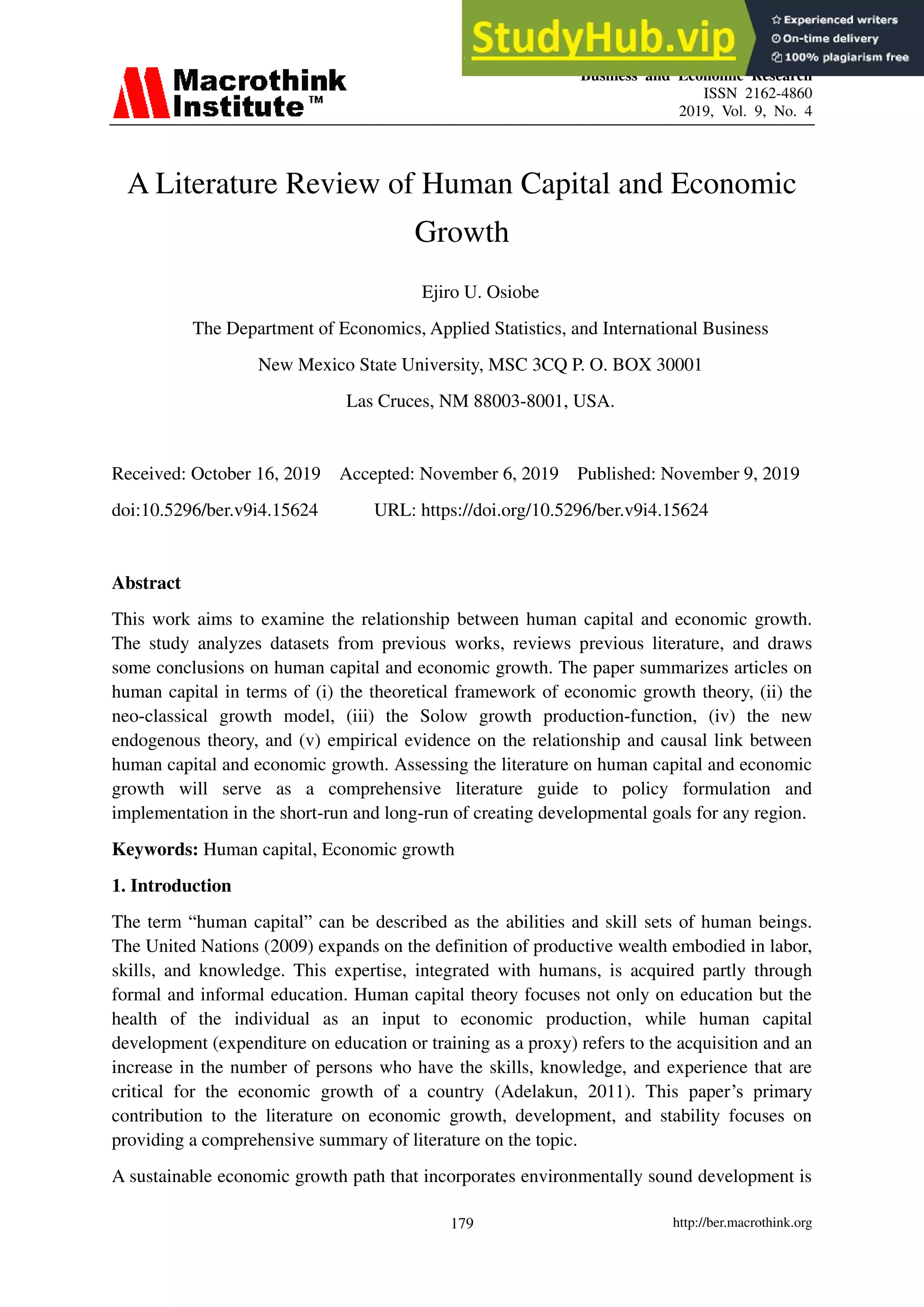 A Literature Review Of Human Capital And Economic Growth | PDF