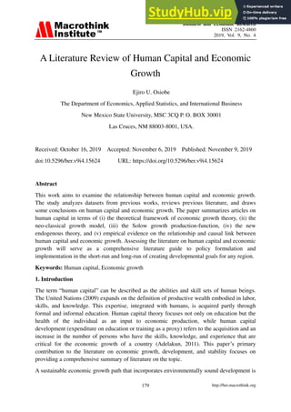 A Literature Review Of Human Capital And Economic Growth | PDF