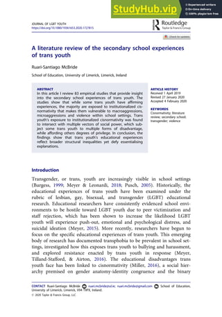 A Literature Review Of The Secondary School Experiences Of Trans Youth ...