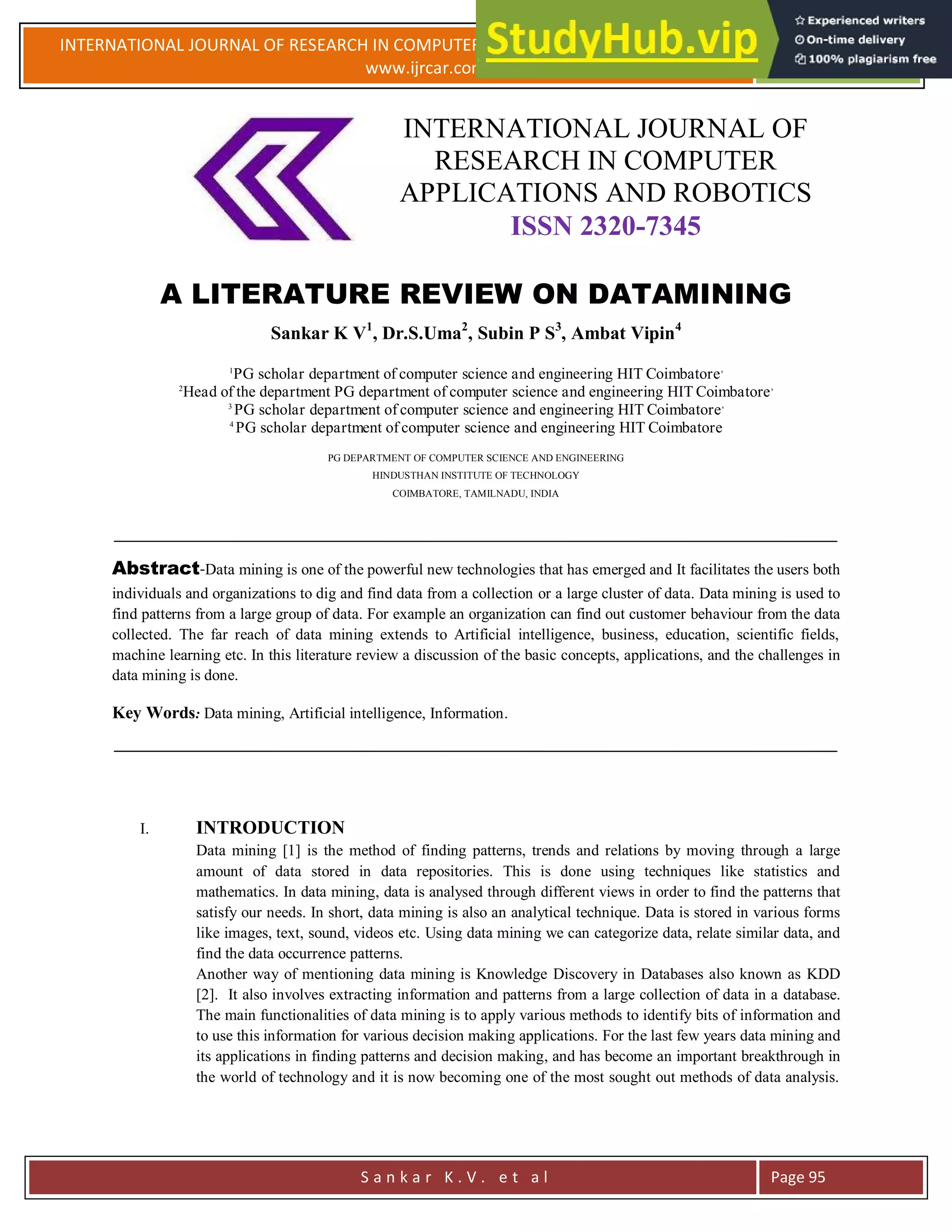 A LITERATURE REVIEW ON DATAMINING | PDF