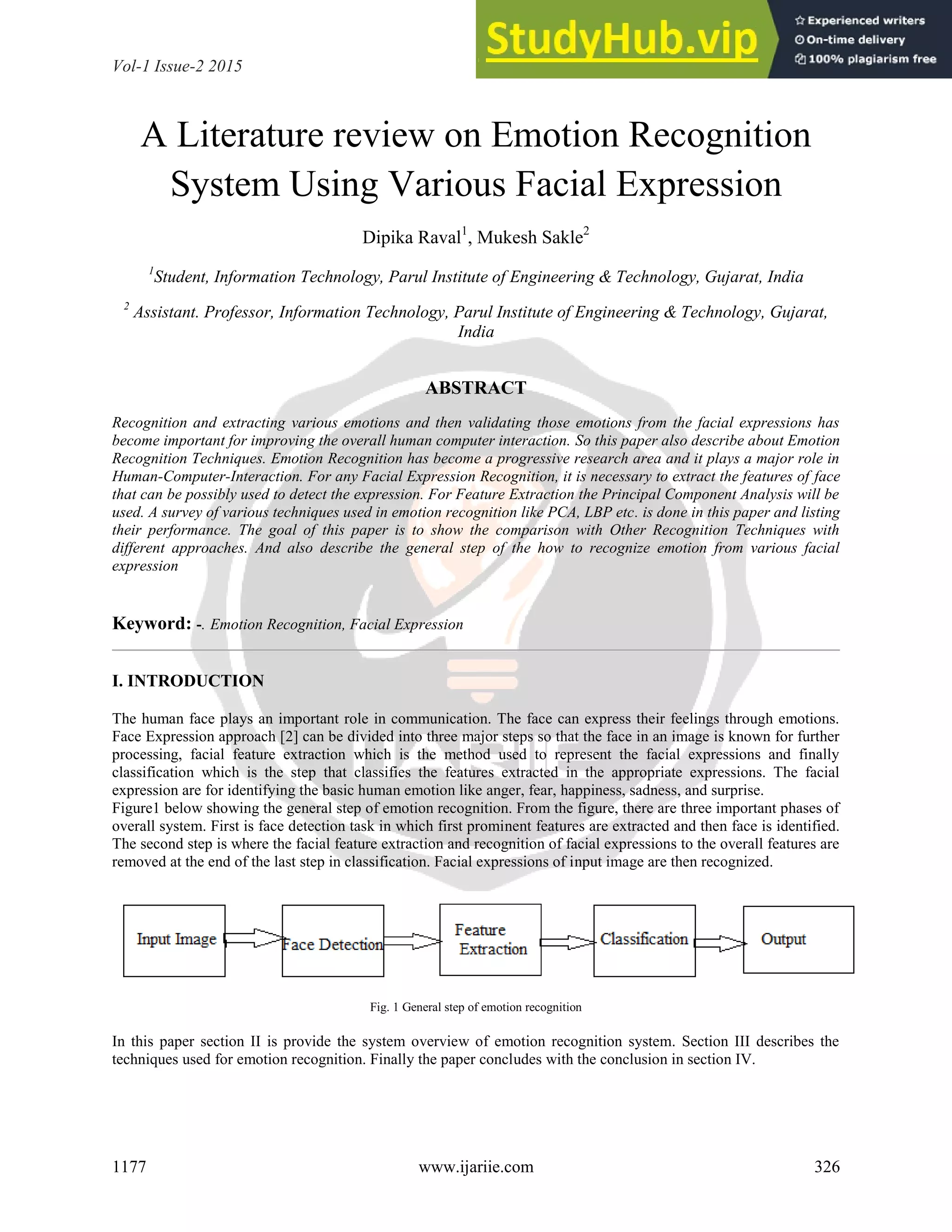 A Literature Review On Emotion Recognition System Using Various Facial Expression | PDF