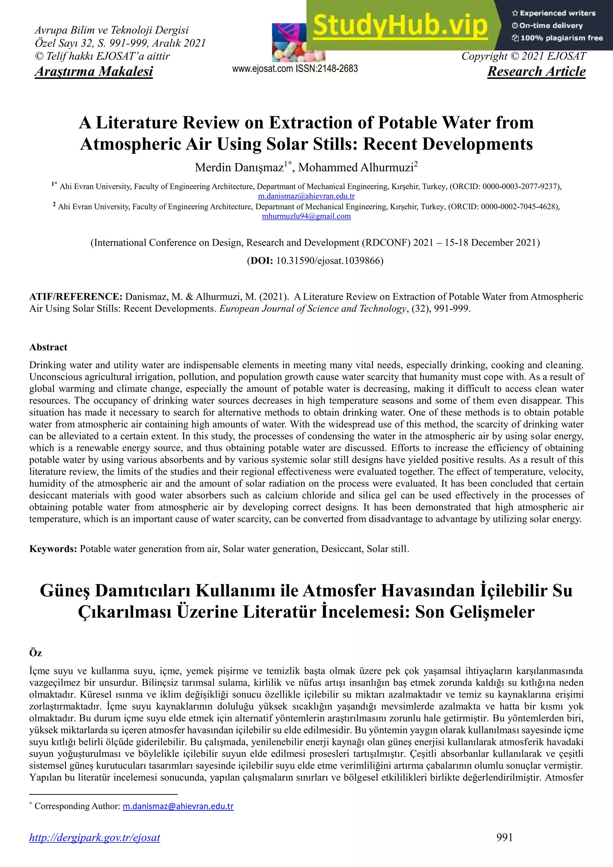 A Literature Review On Extraction Of Potable Water From Atmospheric Air ...