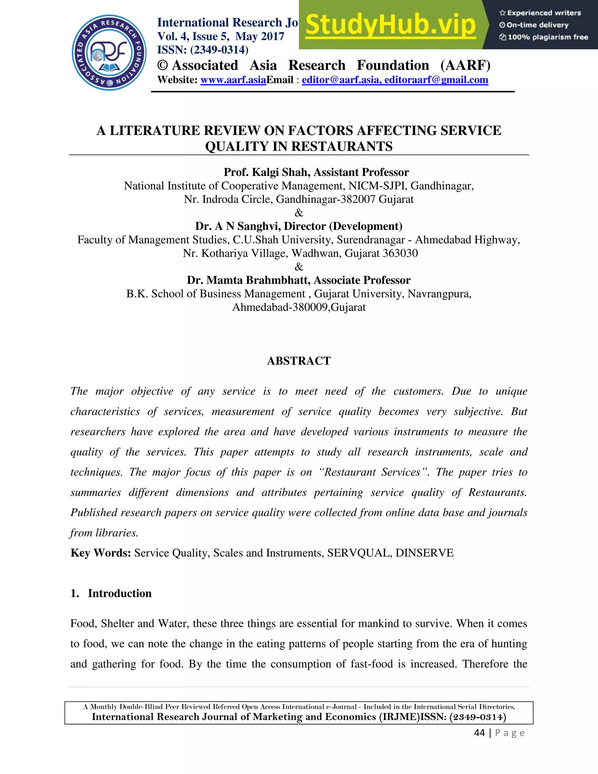 A Literature Review On Factors Affecting Service Quality In Restaurants ...