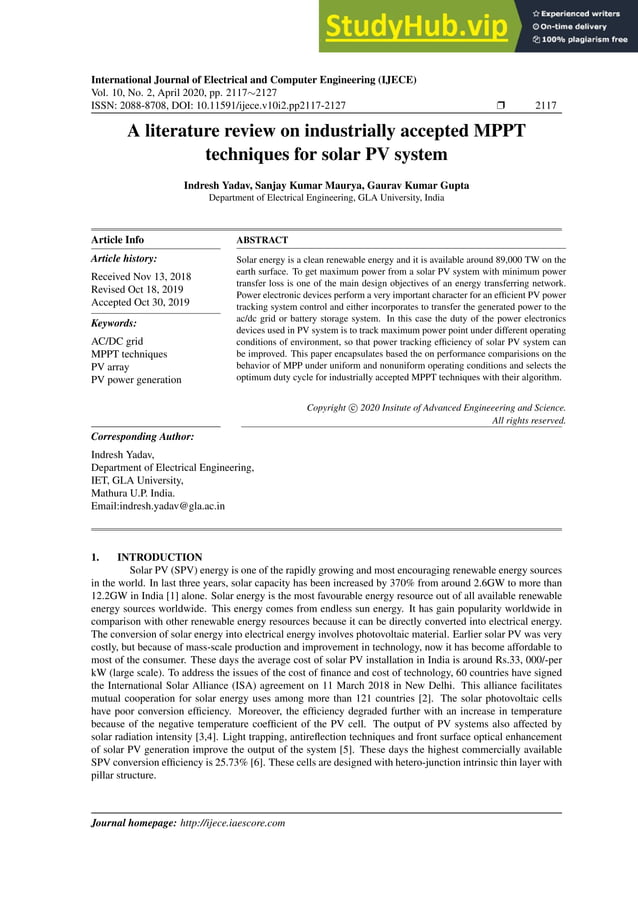 A Literature Review On Industrially Accepted MPPT Techniques For Solar PV System | PDF
