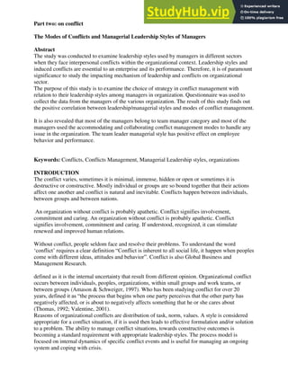 A Literature Review On Leadership Styles And Conflict | PDF