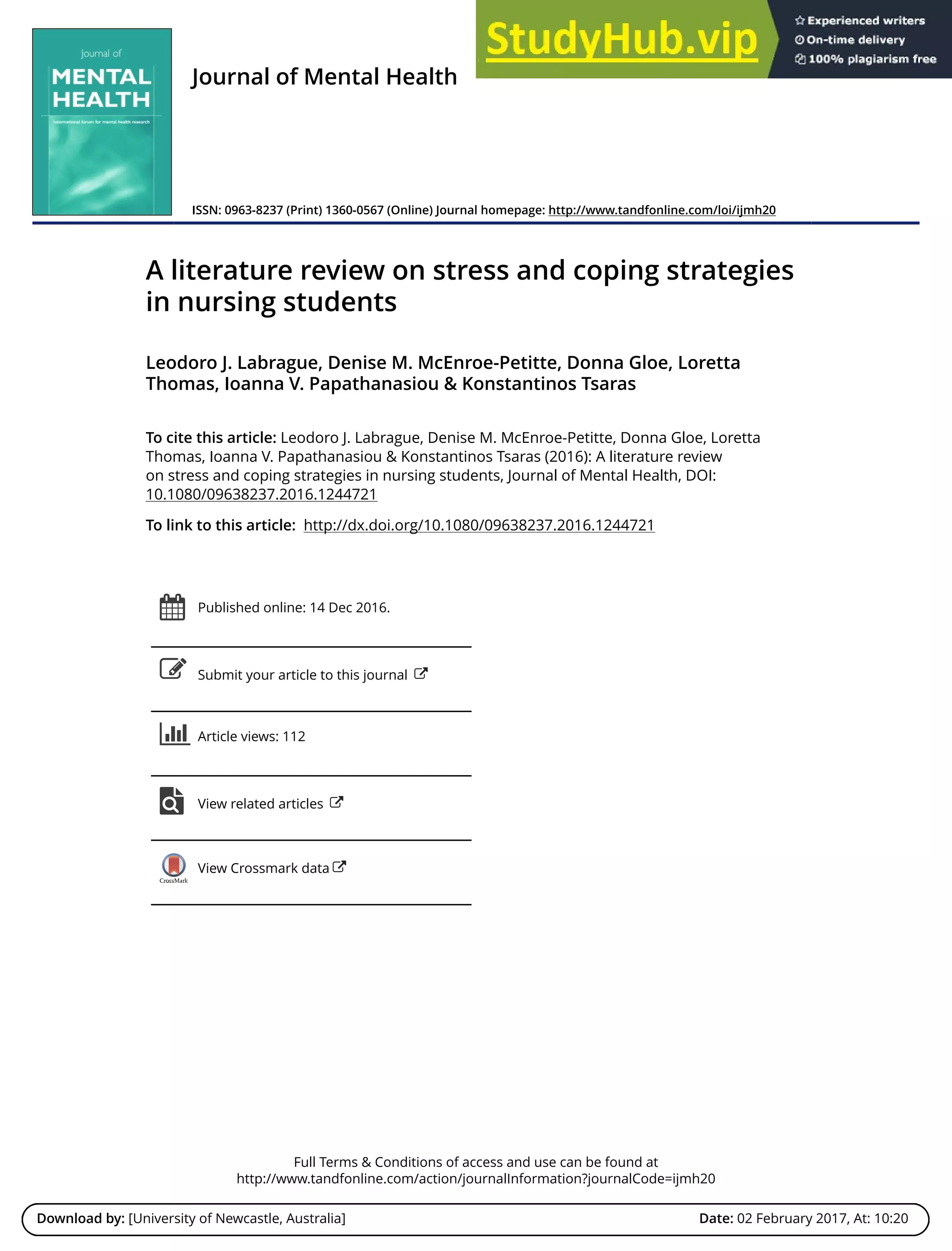 A Literature Review On Stress And Coping Strategies In Nursing Students | PDF