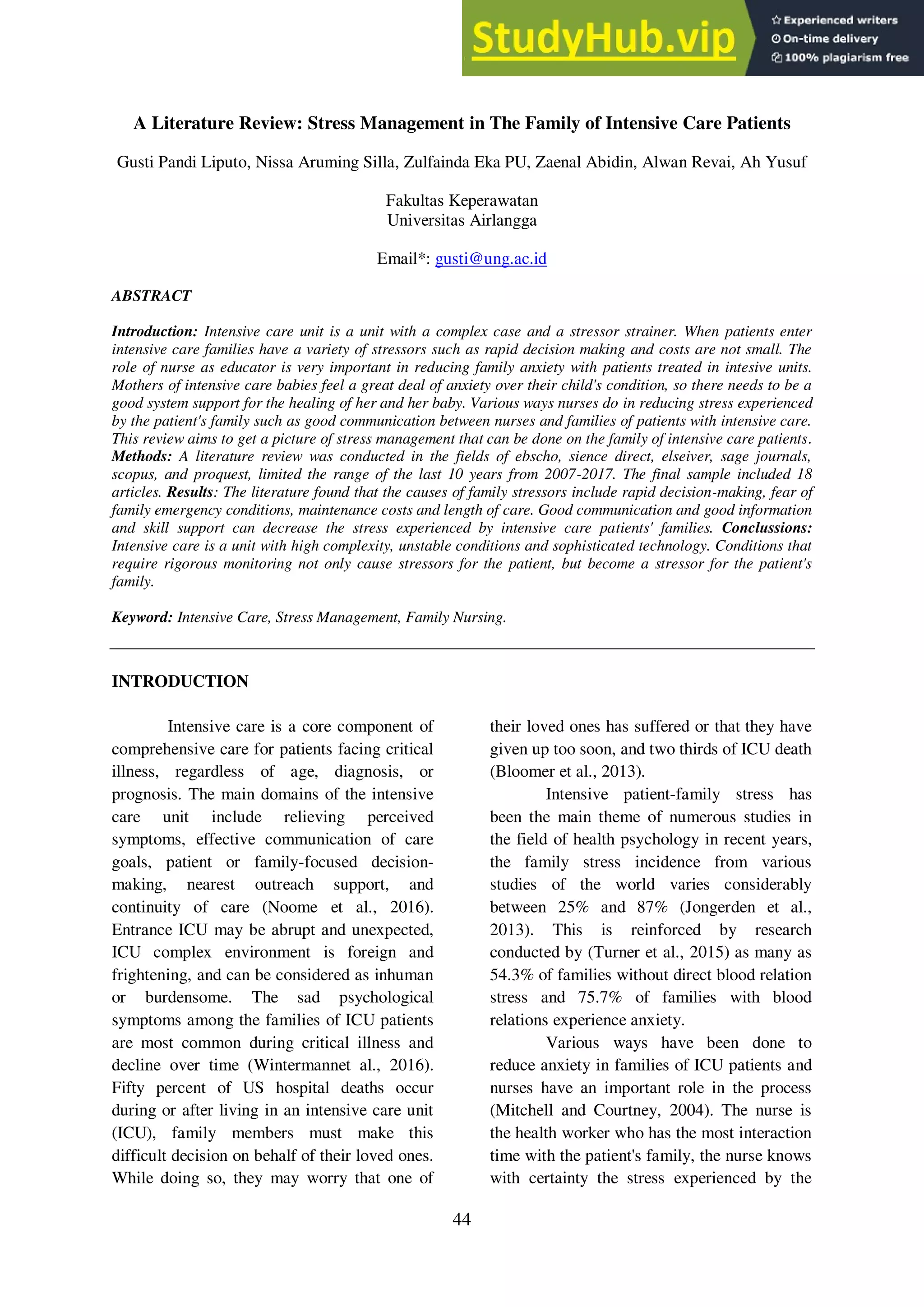 A Literature Review Stress Management In The Family Of Intensive Care ...