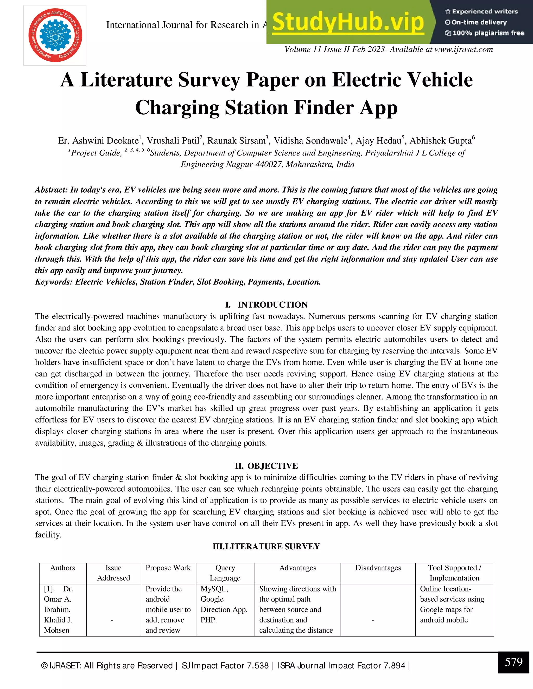 A Literature Survey Paper On Electric Vehicle Charging Station Finder ...