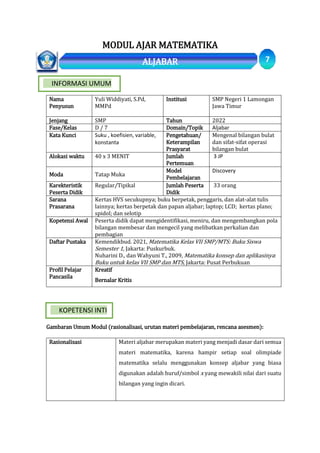 Modul Ajar Materi ALJABAR 1 KELAS 7.docx