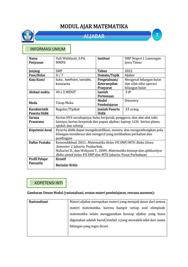 Modul Ajar Materi ALJABAR 1 KELAS 7.docx