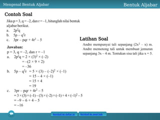 CONTOH LANGKAH-LANGKAH PENYELESAIAN ALJABAR TINGKAT BASIC | PPTX